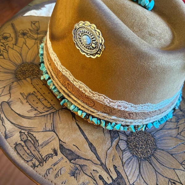 CUSTOM HAND BURNED Wide Brim Hat Bride Branded Hat Flowers and Leaves Burned Hat Western Hat - Etsy