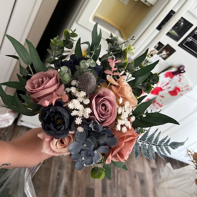 Dusty Rose Mauve Navy Blue Flowers Bridal Bouquet Faux Bouquet Blue ...