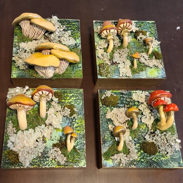 Original Mushroom Oil Painting, Encaustic Wax Forest Painting, Mushroom ...