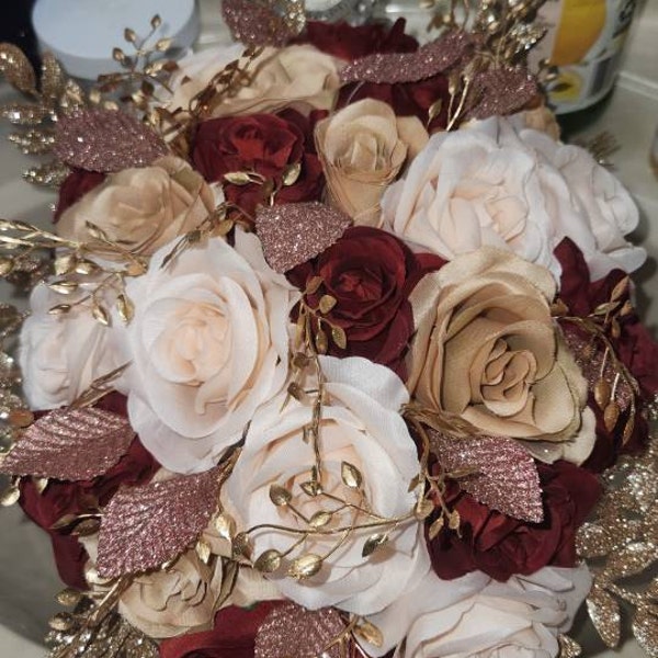 Glam Cascading Burgundy Rose Gold Blush Gold Wedding Bouquet, Teardrop ...