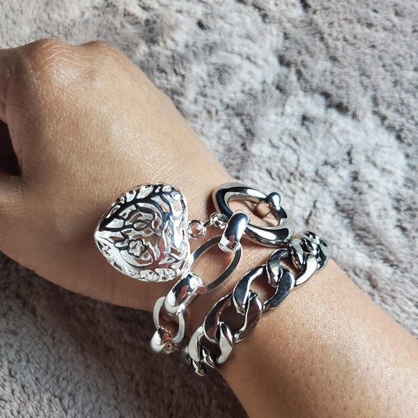 Chunky Multi Layer Silver Bracelet With Heart Charm for Women Bold ...