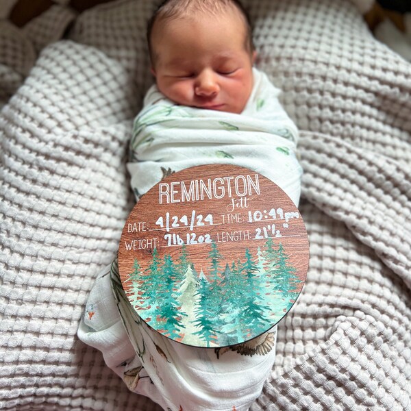 Forest Birth Stat Sign, Birth Stat Sign, Round Wood Birth Stat Sign ...