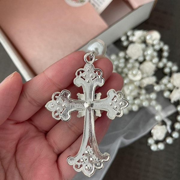 Silver - White Rose Pearl Rosary Unity Cord - for Catholic Wedding ...