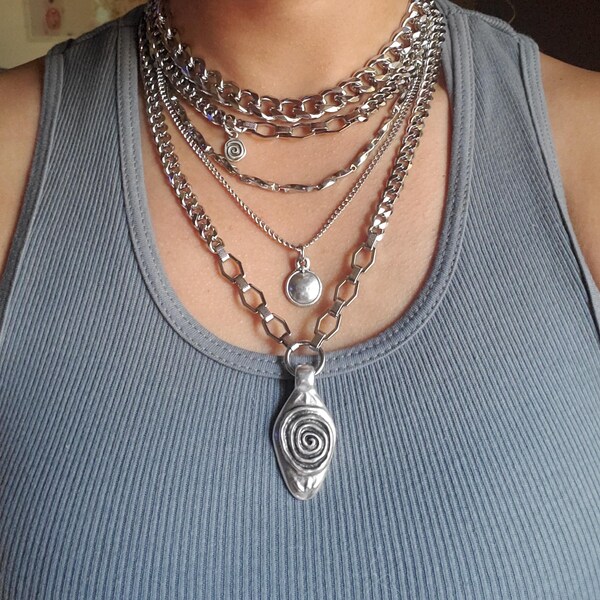 Chunky Multi Layer Silver Bracelet With Heart Charm for Women Bold ...