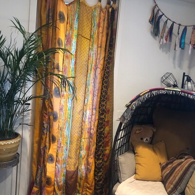 2PC Indian Vintage Old Silk Sari Multi Color Handmade Patchwork Curtain ...