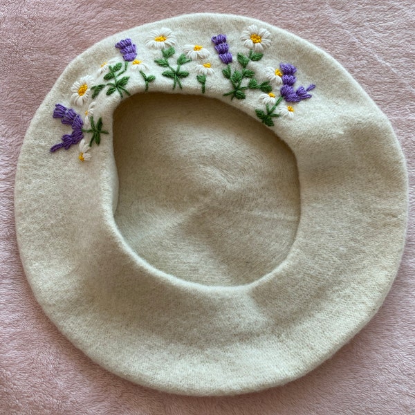 Hand Embroidered 100% Wool Flower French Beret, Custom Embroidered Hat ...