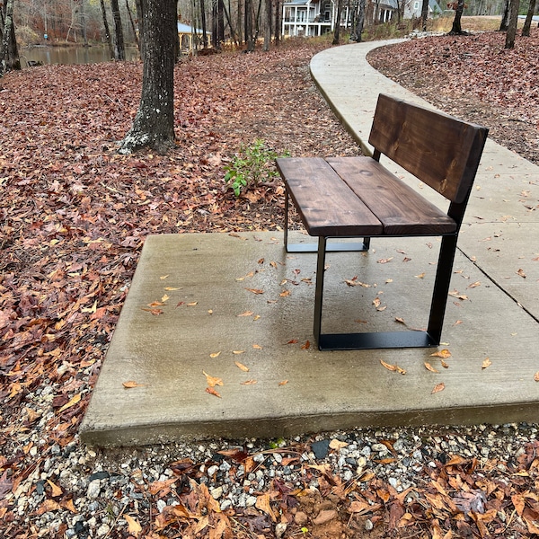 Wooden Garden Bench With Steel Legs and Backrest. Rustic Bench for ...