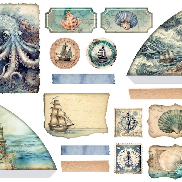 Nautical Junk Journal Kit, Digital Scrapbook Pages, Printable Collage ...