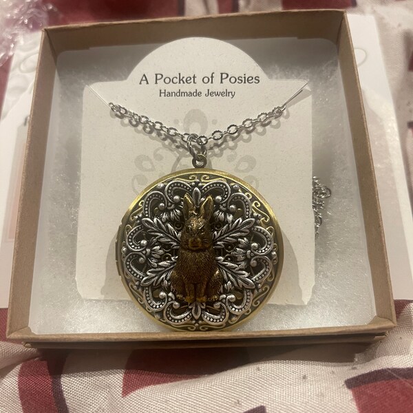 Rabbit Pendant Large Round Brass Picture Locket Layering Necklace ...
