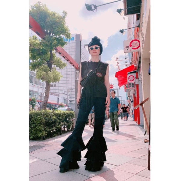 Women's High Waist Denim Jeans Ruffle Tiered Bell Bottom Pants/ Vintage ...