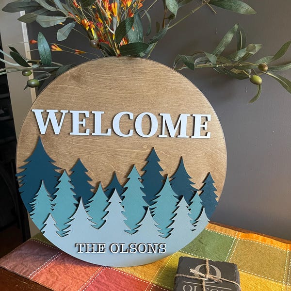 Forest Welcome Door Hanger SVG, Pine Tree Door Sign SVG, Cabin Decor ...