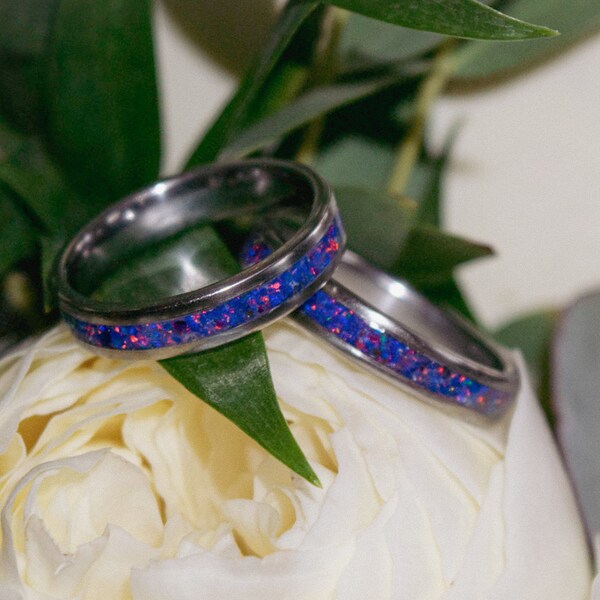 Titanium Wedding Rings With Royal Blue Opal Inlays. Opal Inlay Wedding ...