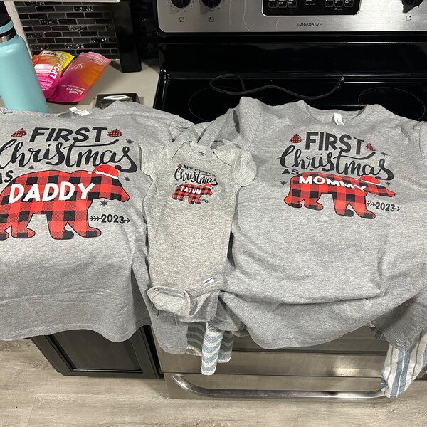 Personalized Bear First Christmas Family Shirts, Buffalo Plaid Bear ...