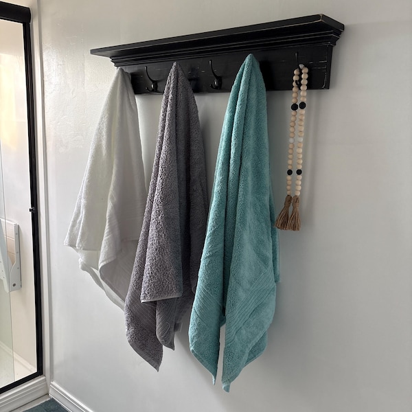 Wall Shelf With Hooks, Black Hooks, Bathroom, Coat Rack, Farmhouse ...