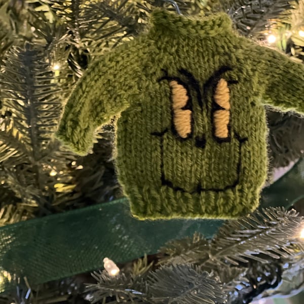 Grinch Hand Knit Mini Sweater Ornament - Etsy