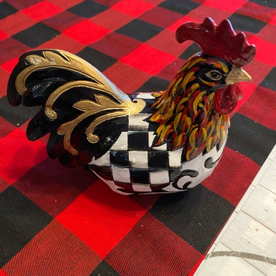 Hand Painted Rooster, Whimsical Black and White Check Gold Detail, 6 ...