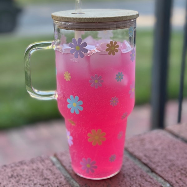 Flower Glass Cup, Large Glass With Handle, Trendy Cup With Lid and ...