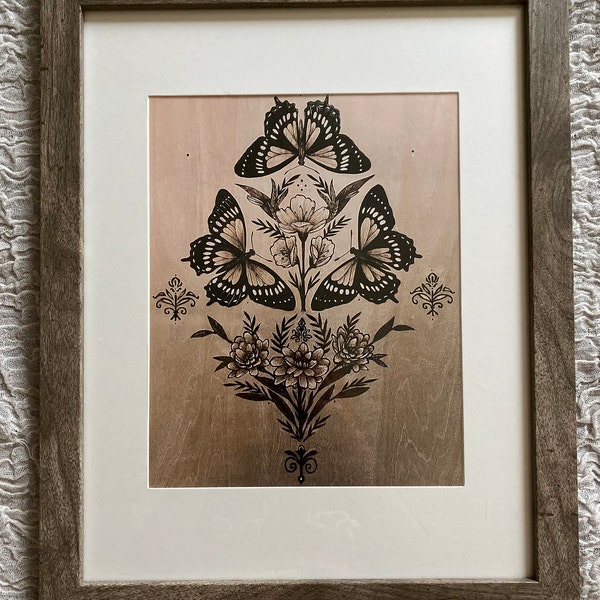 Butterfly Floral Art Print Botanical Pyrography Butterfly Wall Art ...