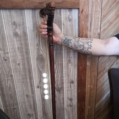 Skull Cane Wooden Walking Stick Ergonomic Palm Grip Handle Wood Carved ...