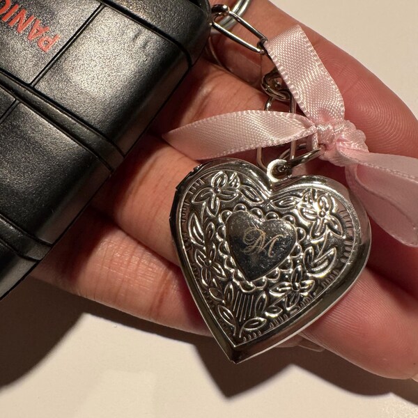 Custom Heart Locket Keychain: Silver Finish, Pink Bow - Etsy