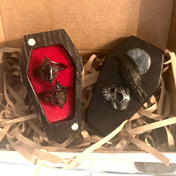 Engraved Coffin Ring Box: Unique Raven on Skull Design for Weddings ...