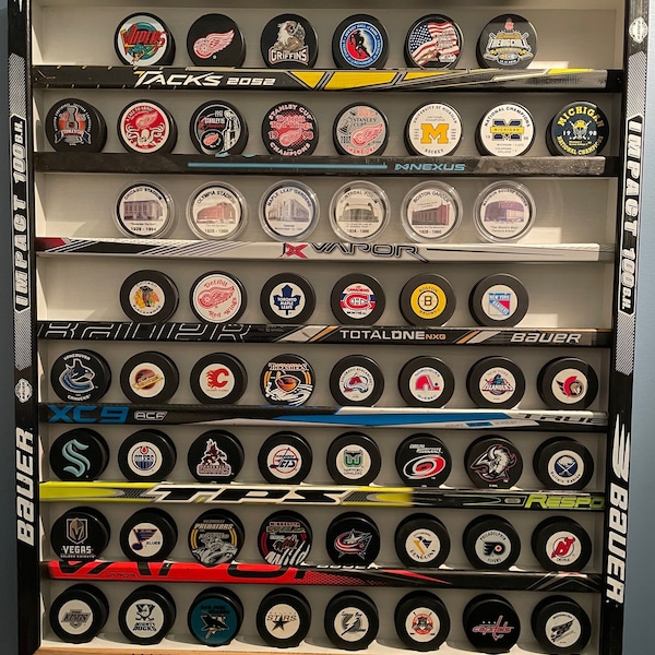 AFTER CHRISTMAS Puck Displays Order made W/sticks, Hockey Room Decor ...