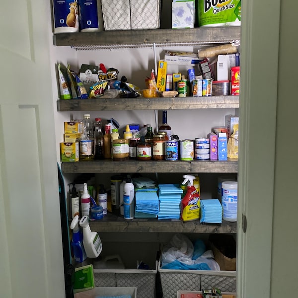 Custom Rustic Gray Wood Shelf Metal Wire Rack Cover Pantry Kitchen Home ...