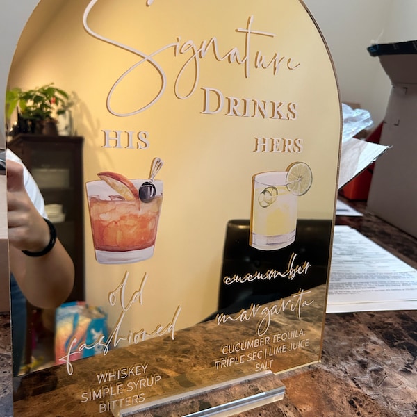 ARCH Gold Mirror Bar Menu Signature Cocktails Custom Acrylic Wedding ...