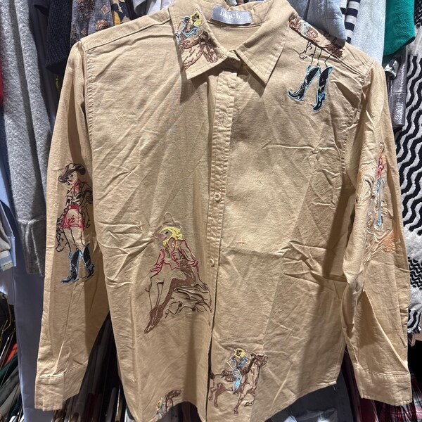 Western Cowgirl Vintage Look Embroidered Long Sleeve Linen Tan Shirt ...