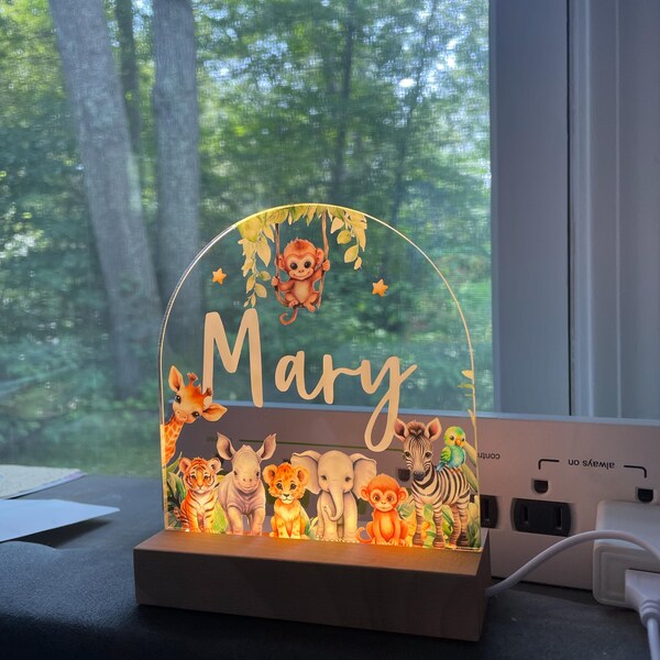 Personalised LED Animal Lamp, Kids Night Light Gift, Safari Jungle ...