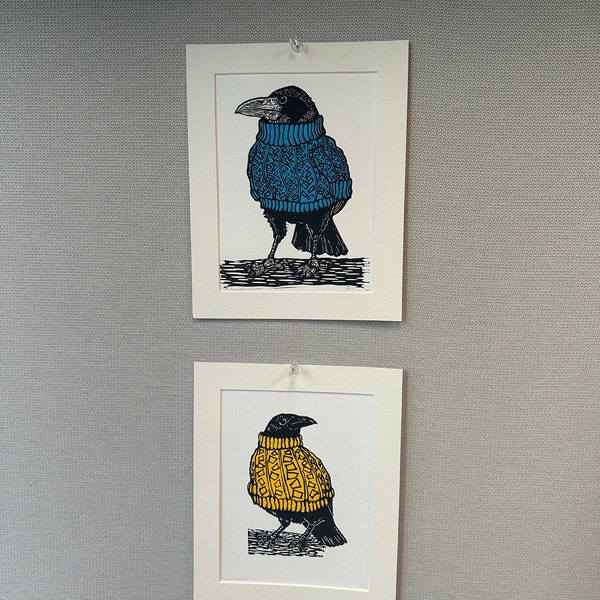 Crow Wearing a Mustard Yellow Jumper - Handmade Linocut Bird Art Print ...