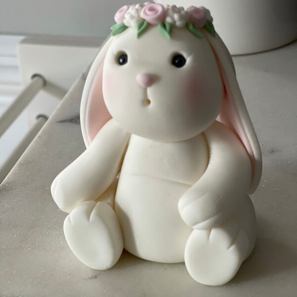 Fondant Gray Bunny Rabbit Cake Topper Floral Crown 1st Birthday Baby ...