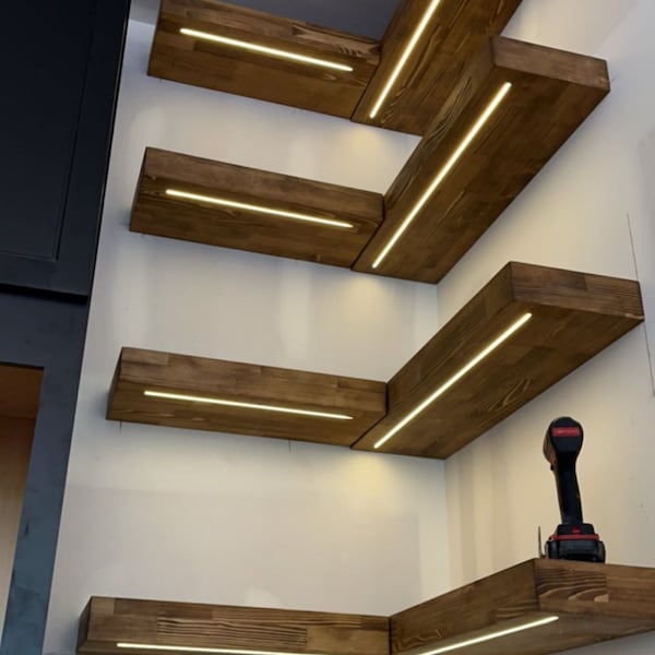 Floating Thick Wall Shellf With Lights, Wooden Shelf With Led Light ...