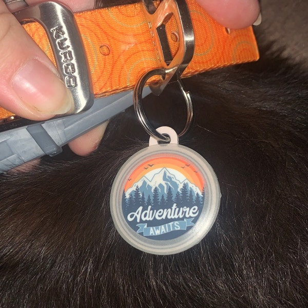 Pet ID Tag | "adventure Awaits" - Sunrise Mountain Adventure Badge Dog ...