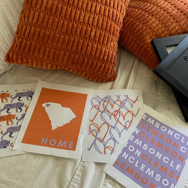 Clemson University Orange Wall Art Set | 6 Digital South Carolina Prints | Cute Tiger Purple and ...