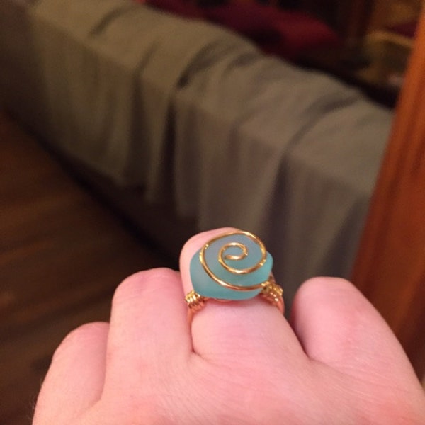 Ocean Blue Sea Glass Ring: 24K Gold Spiral Wire Wrapped Beach Jewelry ...