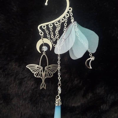 Luna Moth Ear Cuff With Blue Quartz, No Piercing Earrings, Fantasy Ear ...