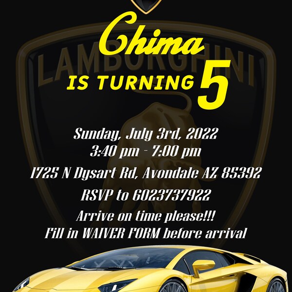 Lamborghini Cars Funny Birthday Invitation, Race Car Birthday Party ...