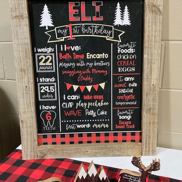 Lumberjack Birthday Chalkboard, Buffalo Plaid Woodland First Year Stats ...