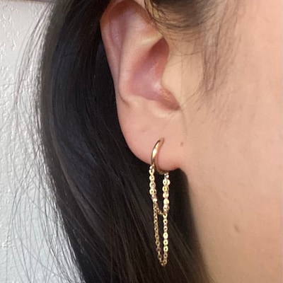 14k Solid Gold Double Chained Hoop Earring, Drop Hoop Earring, Huggie ...