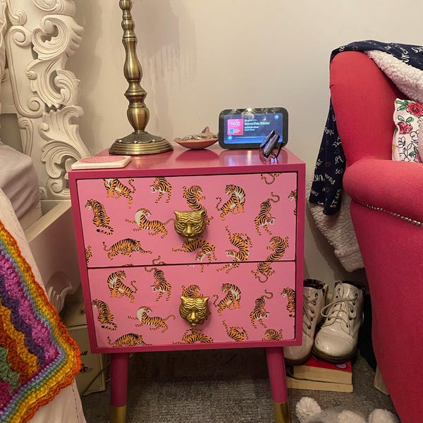 Pink Tiger Square Bedside Table, Two Drawers, Ideal Nightstand. Flamingo and Baby Pink With Gold ...