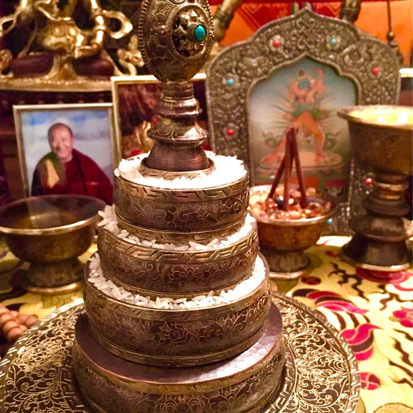 Medium Copper Ratna Mandala Offering With Carving and Antique Finishing ...