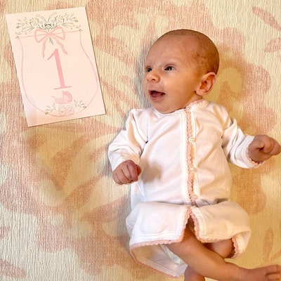 Watercolor Pink Floral Crest Birth Announcement Two Sided Classic Linen ...