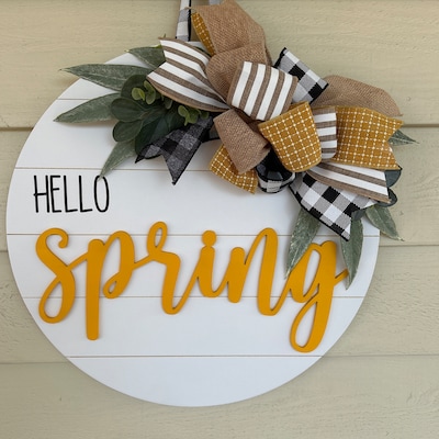 Hello Spring Wood Door Hanger Front Door Decor Spring Door Hanger ...