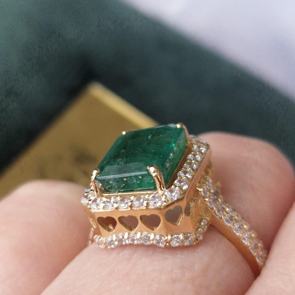 4.50 Carat Real Emerald Cut Emerald and Diamond Engagement Ring - 14k Gold May Birthstone Gift ...