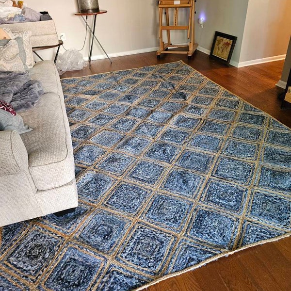 Cotton Wool Blue and White Handmade Rug, Handwoven Modern Flatweave ...