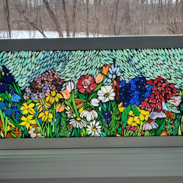 Mixed Flower Stained Glass Mosaic Panel. Framed Hanging Glass Art ...