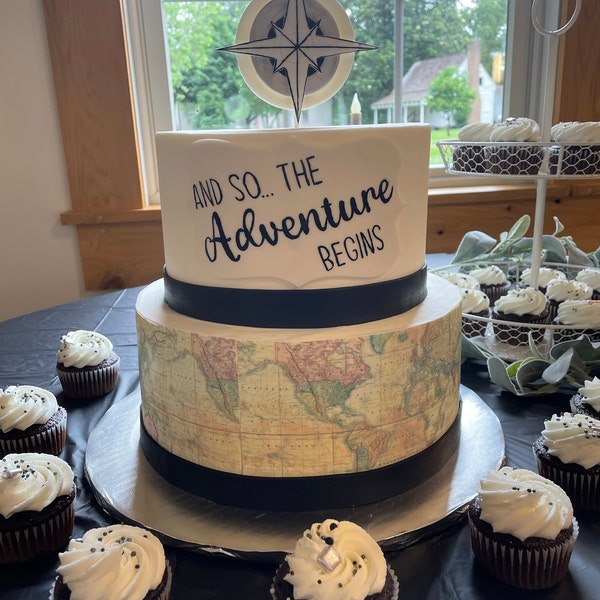 Vintage World Map Edible Cake Wrap or Pinwheel and Congrats Cake ...