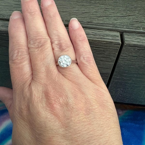 Round Bezel Bridal Ring Set / Round Cut Solitaire Ring W/ Plain Wedding ...