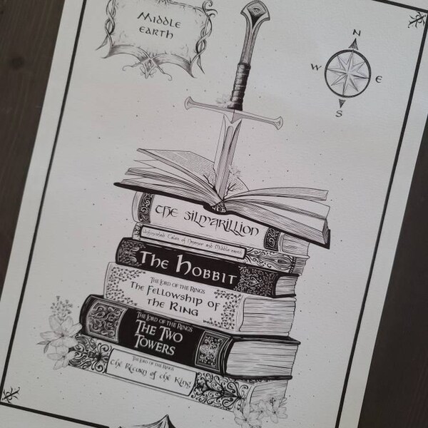 Tolkien Inspired Hand Drawn Book Stack Illustration Print // Lotr ...